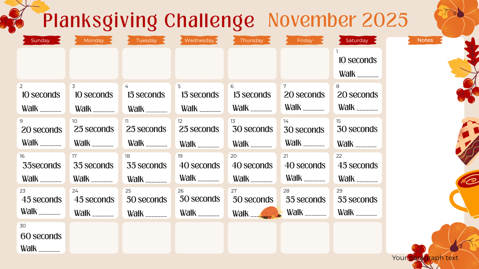 Nov 2025 Planksgiving Challenge with planks, walking and thanks ...